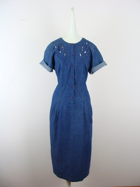 Vintage Denim Dress 80s Cutwork Embroidery Western St… - Gem