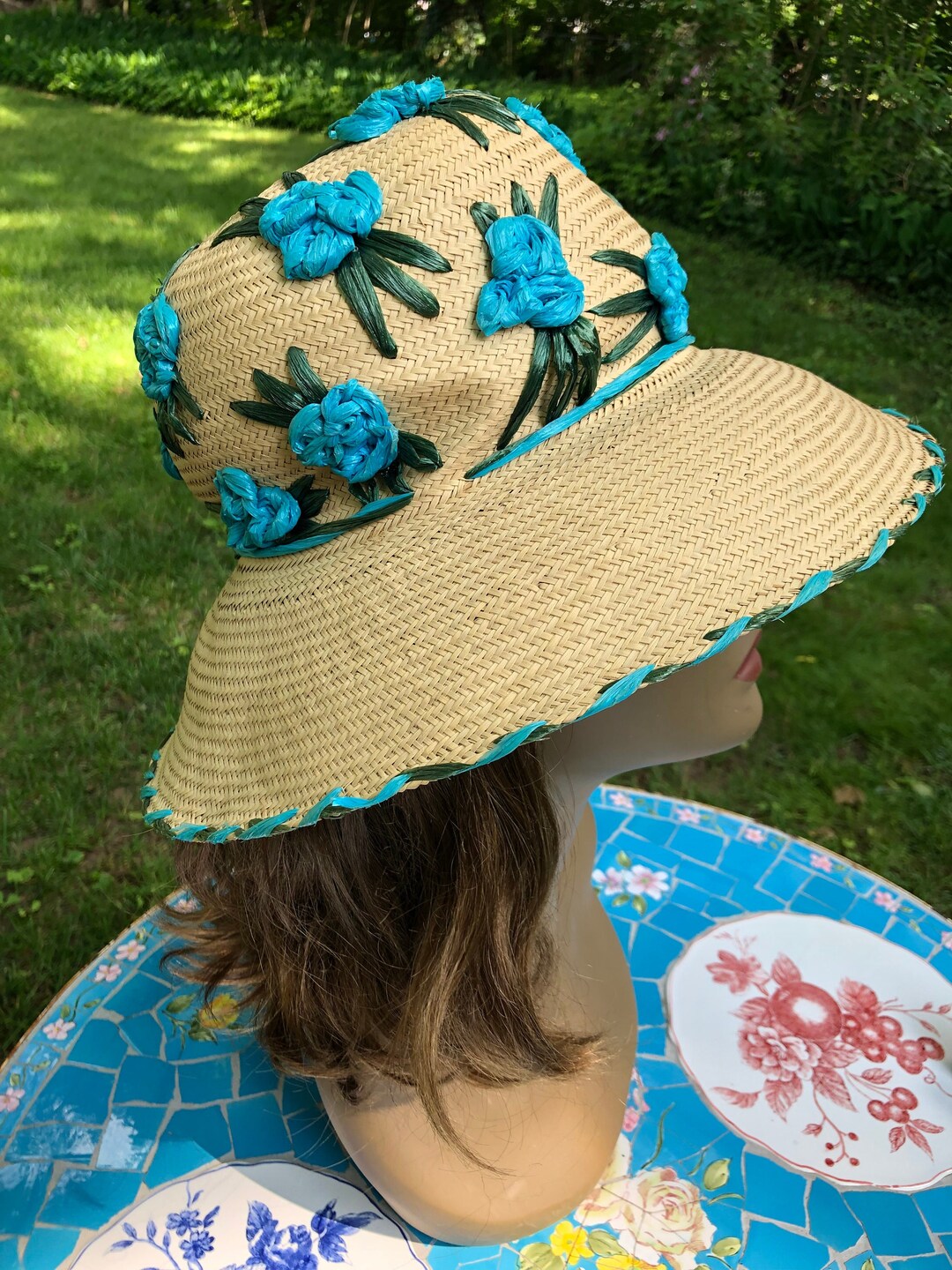 Vintage Embroidered Straw Hat 60s Sun Hat Raffia Flowers Retro Beach ...
