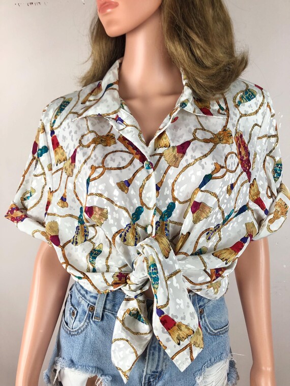 Vintage Baroque Blouse 90s Oversized Button Down Tass… - Gem