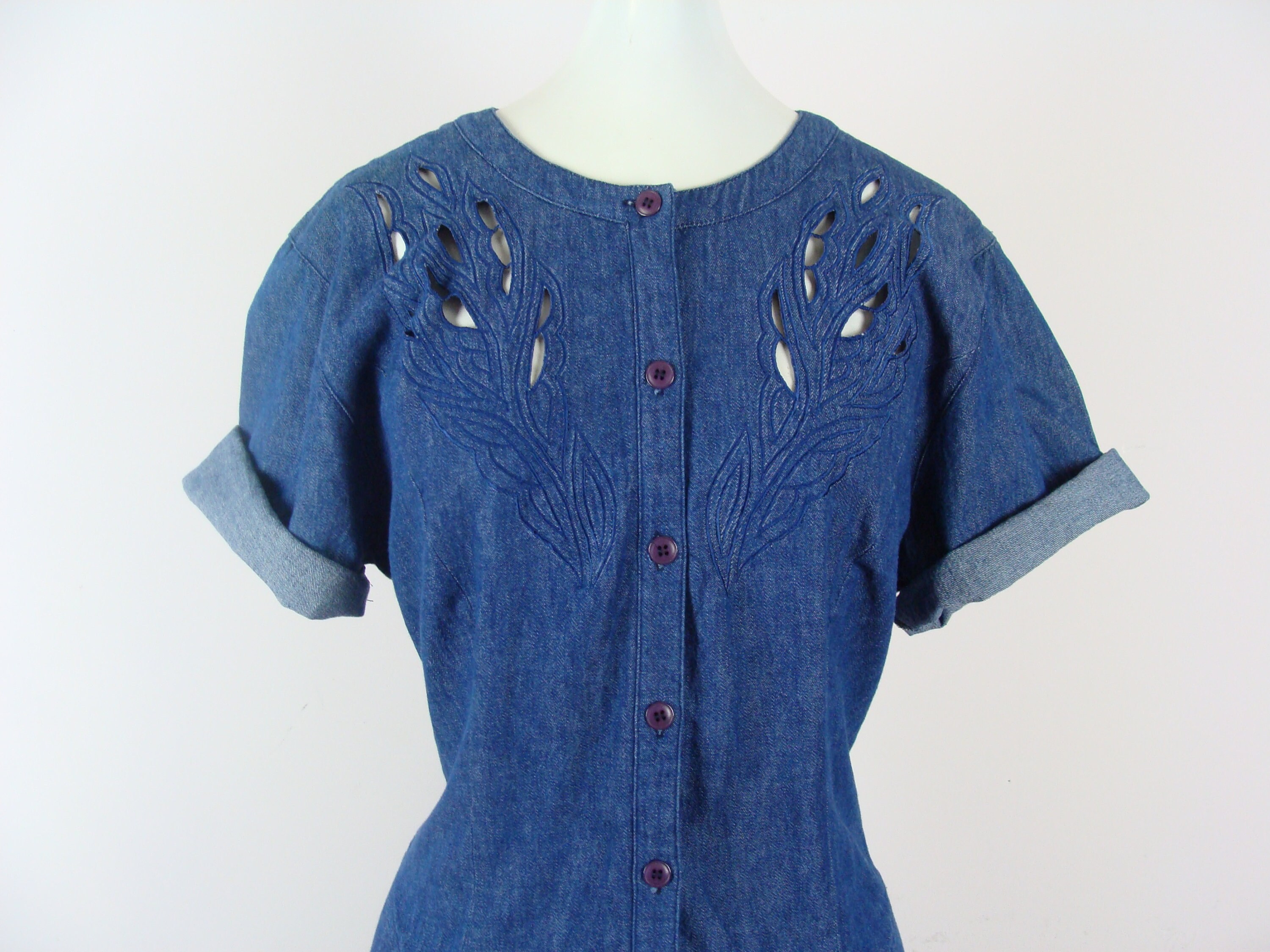 Vintage Denim Dress 80s Cutwork Embroidery Western Style Drop - Etsy