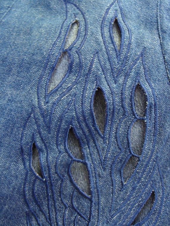 Vintage Denim Dress 80s Cutwork Embroidery Western St… - Gem