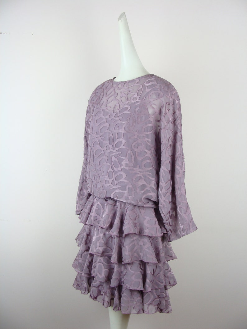 Vintage Ruffle Dress 80s Sheer Batwing Sleeve Tiered Ruffle Skirt ...