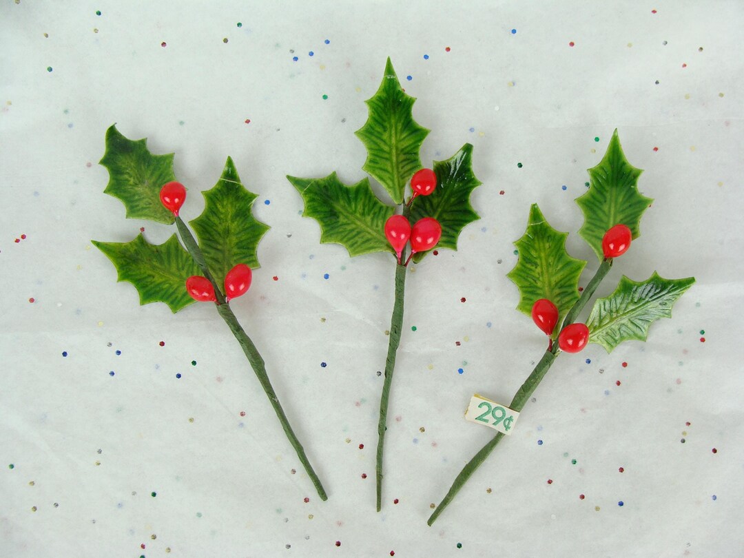 Vintage Christmas Holly Picks Set of 3 Lacquered Holly Leaf Berries Red ...