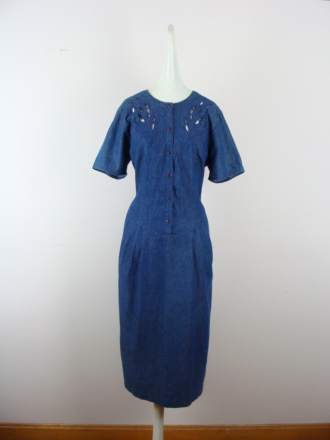 Vintage Denim Dress 80s Cutwork Embroidery Western Style Drop Waist ...