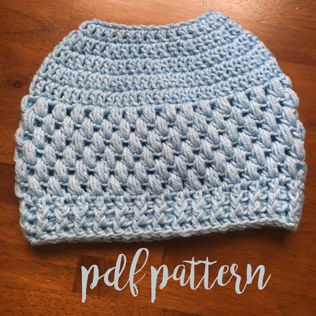 Crochet Bun Hat Pattern/ Textured Messy Bun Beanie/ Crochet Ponytail ...
