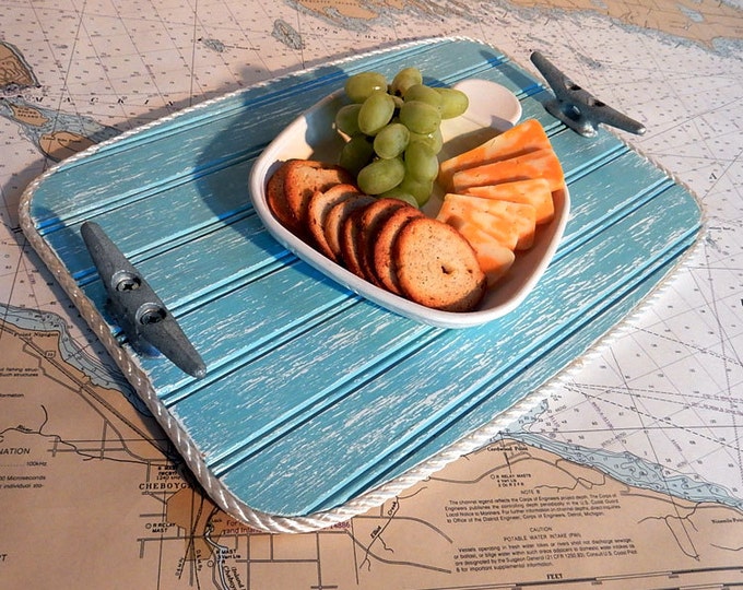 Wood Serving Tray - Beverage Tray - Galvanized Boat Cleat - Beach Decor ...