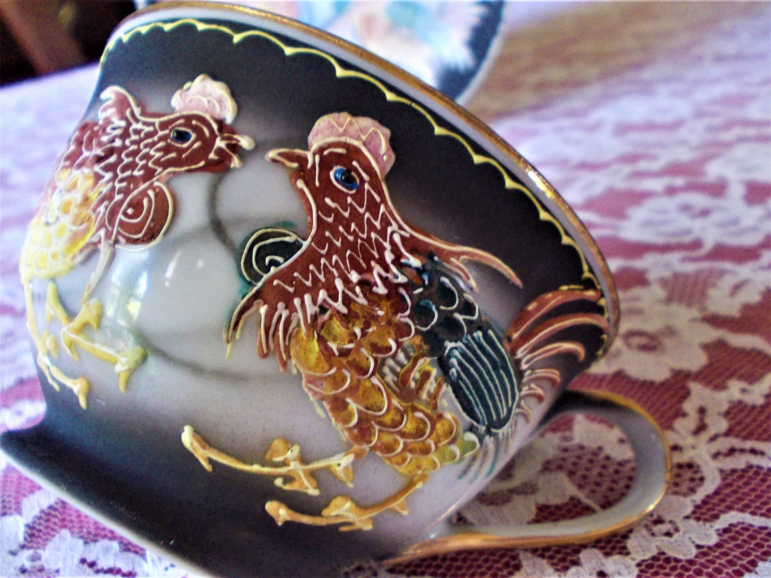Vintage Asian Rooster Teacup and Saucer Hand Painted Raised Design EUC ...