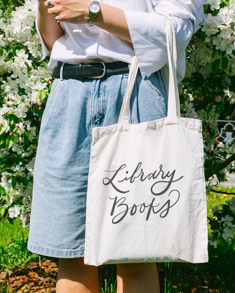 Library Books Canvas Tote Bag, Calligraphy Design - Etsy