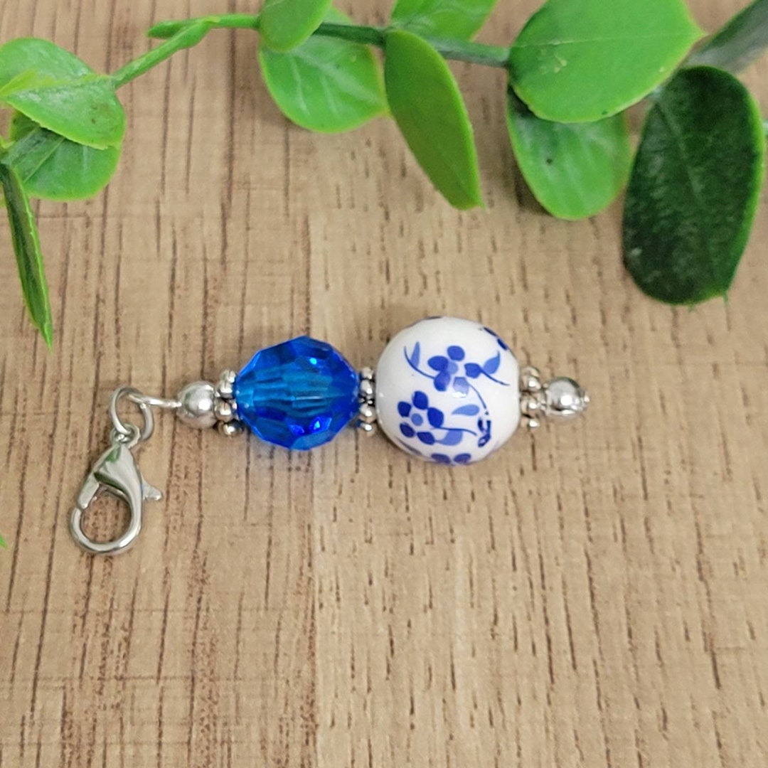Blue and White Floral Charm, Badge Reel Charm, Interchangeable Bead ...