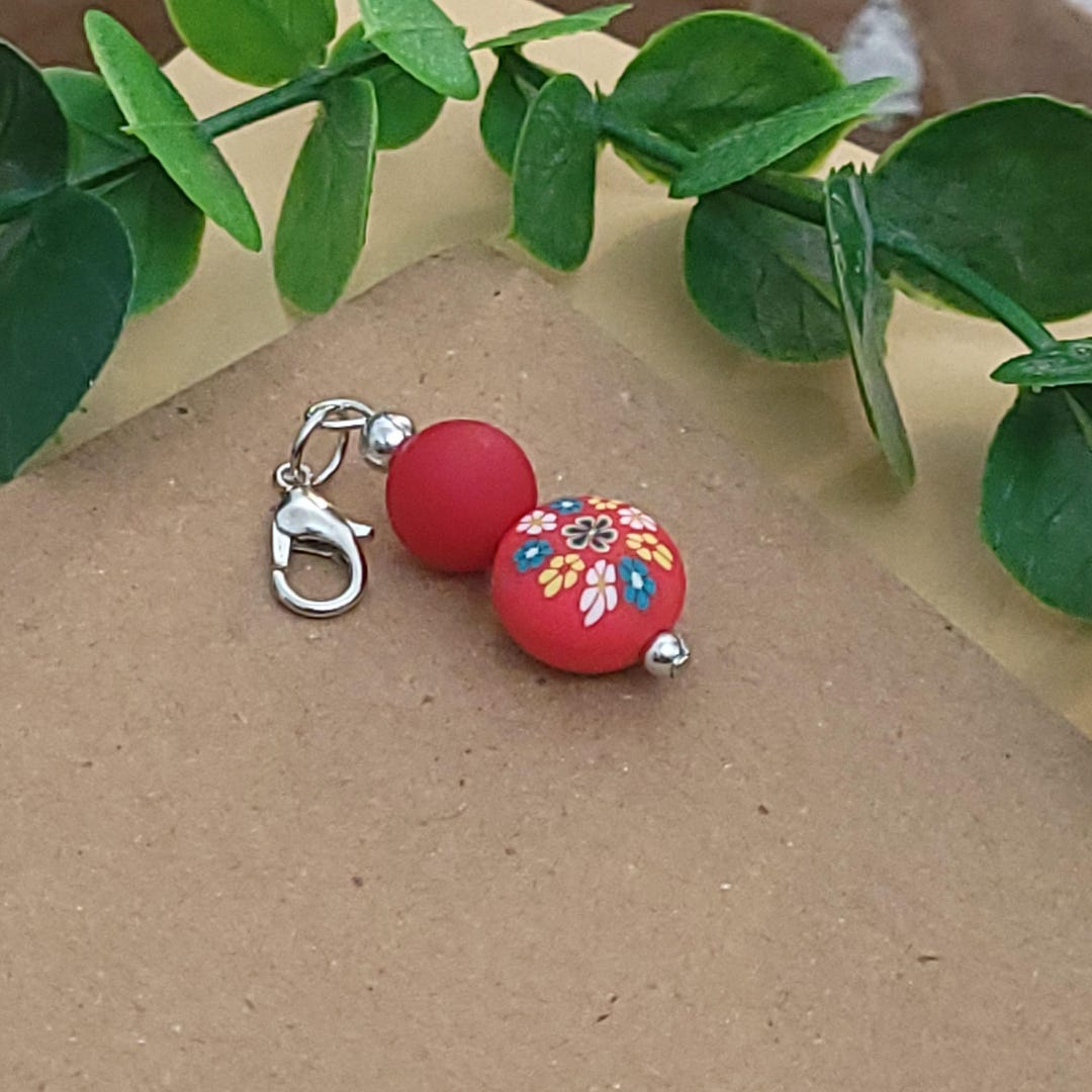 Red Floral Poly Clay Clip-on Bead Charm for Badge Reels or Phones, Pink ...