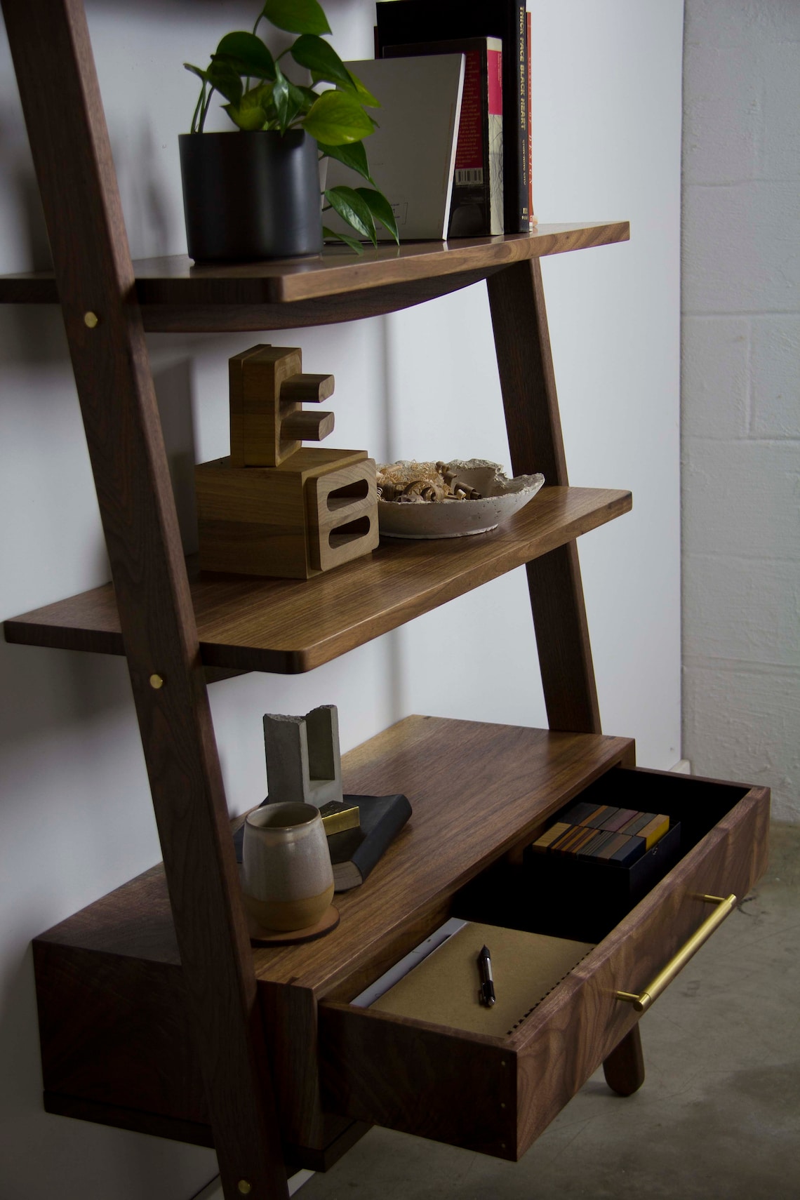 Mid Century Modern Walnut Ladder Shelf With Drawer - Etsy