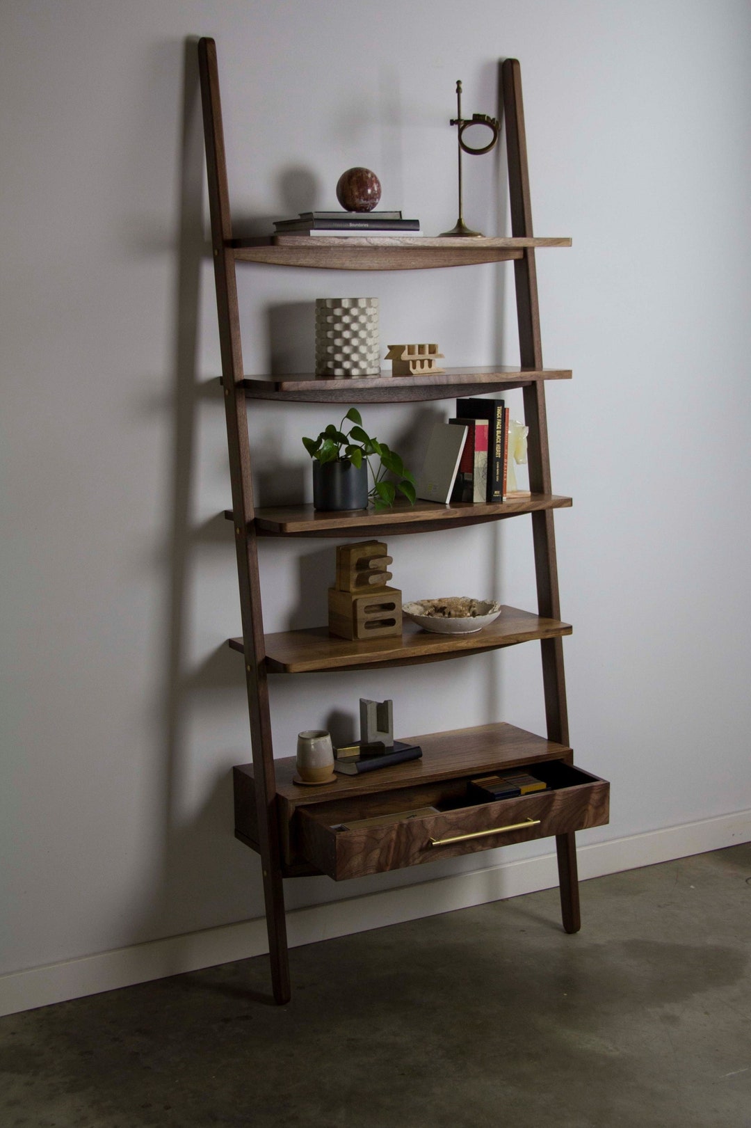 Mid Century Modern Walnut Ladder Shelf With Drawer - Etsy