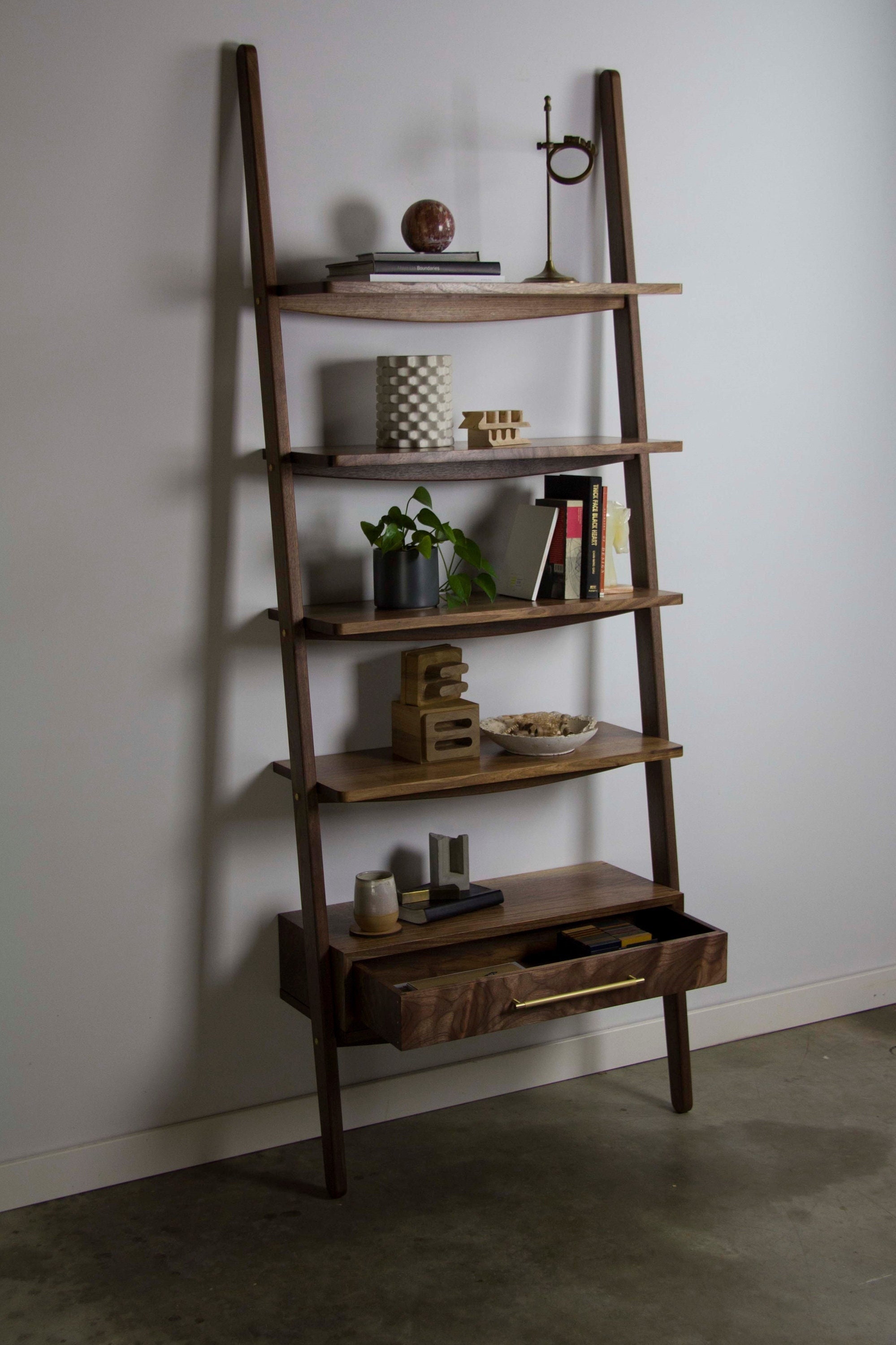 Mid Century Modern Walnut Ladder Shelf With Drawer - Etsy