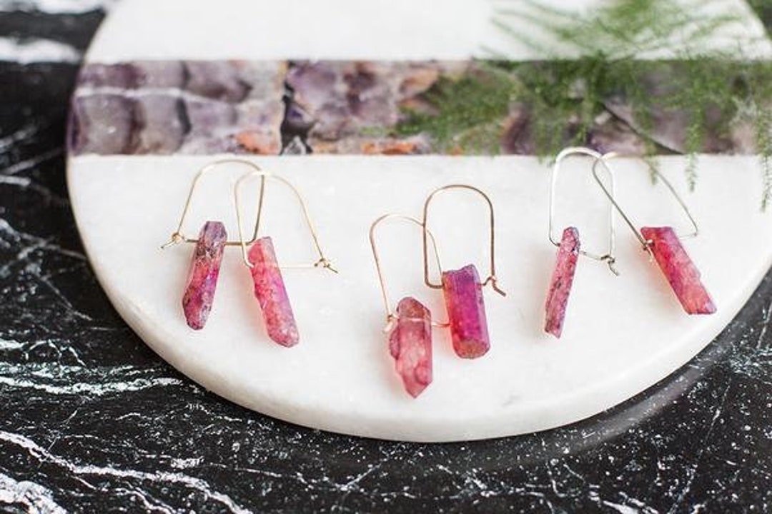 Fuchsia Quartz. Quartz Drop Earrings. Raw Crystal Earrings. Gemstone ...