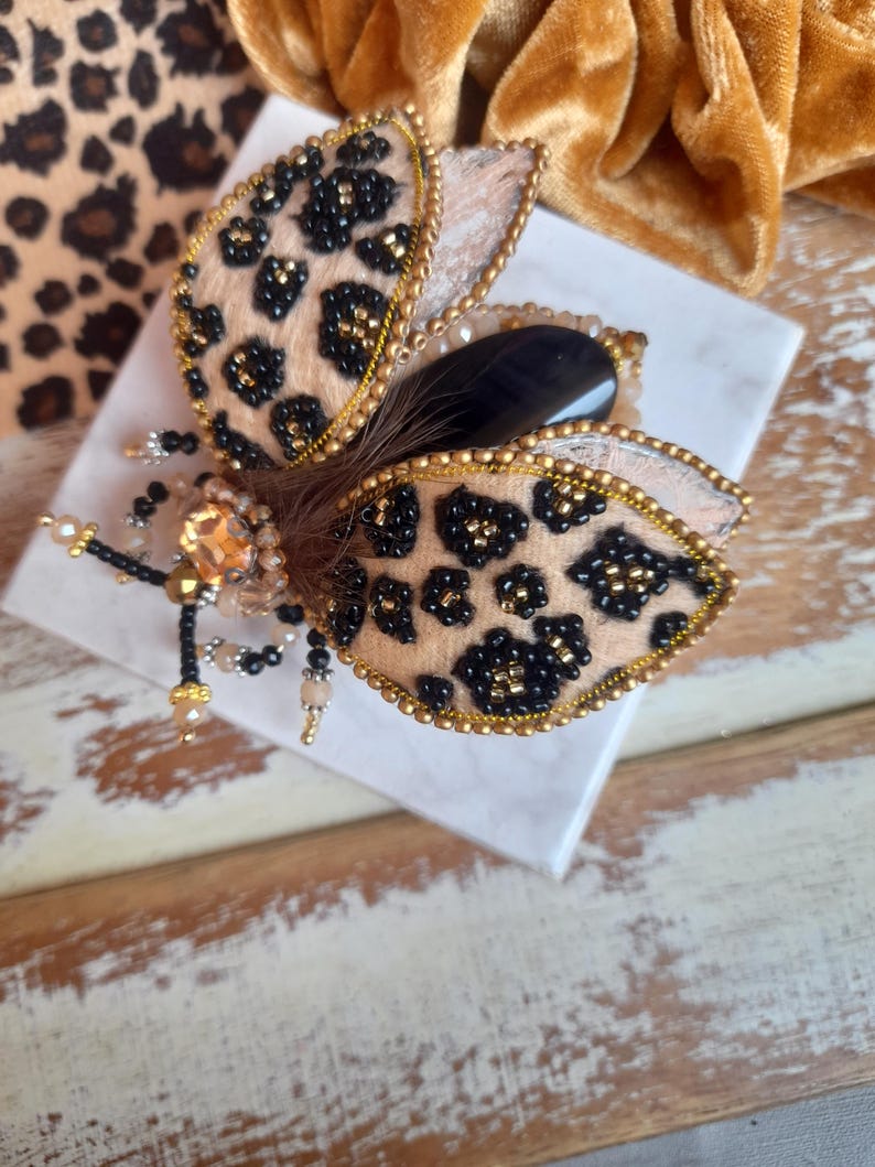 Leopard Print Fabric Moth Butterfly Brooch Pin for Women Jacket, Beaded ...