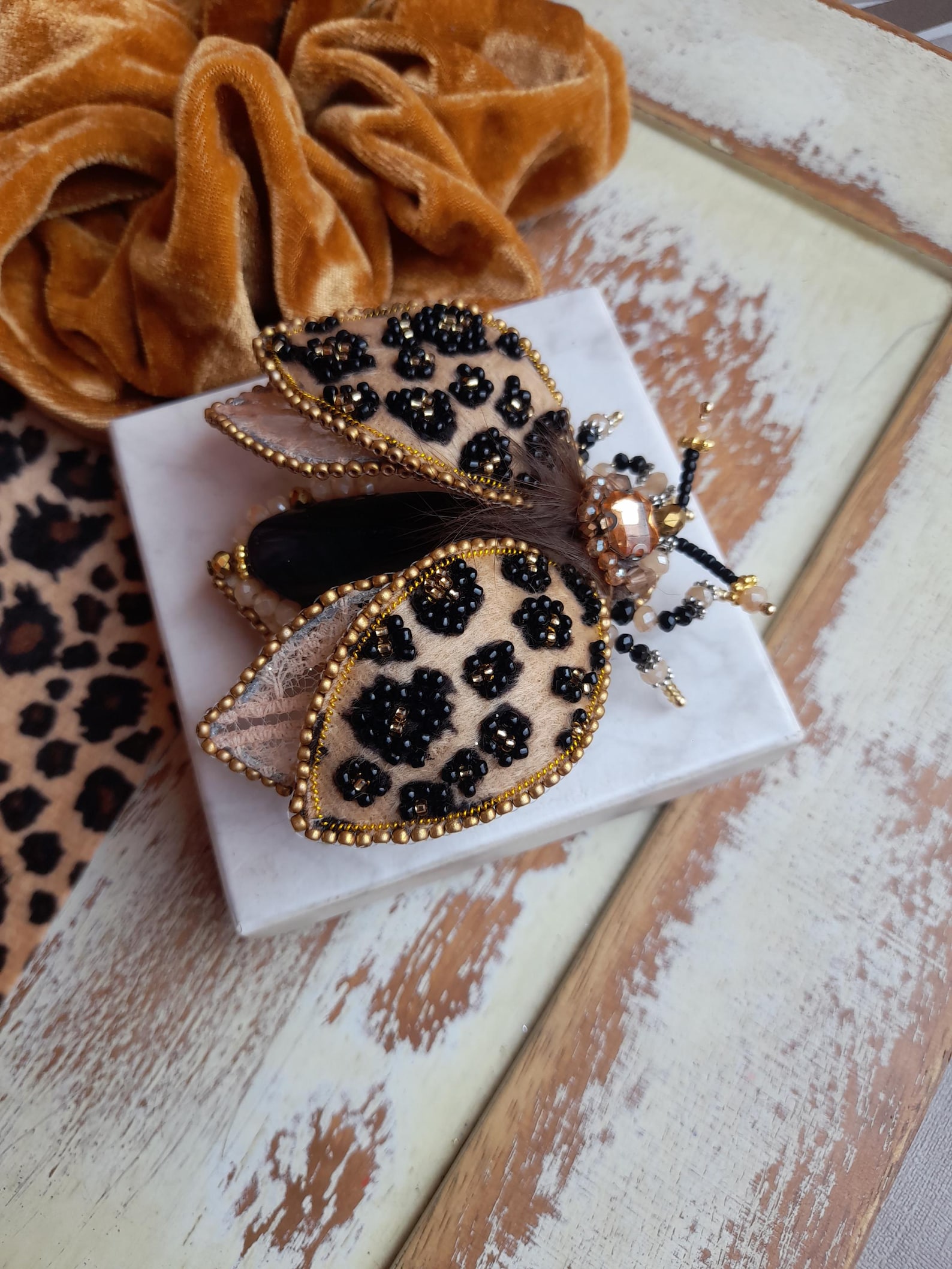 Leopard Print Fabric Moth Butterfly Brooch Pin for Women Jacket, Beaded ...