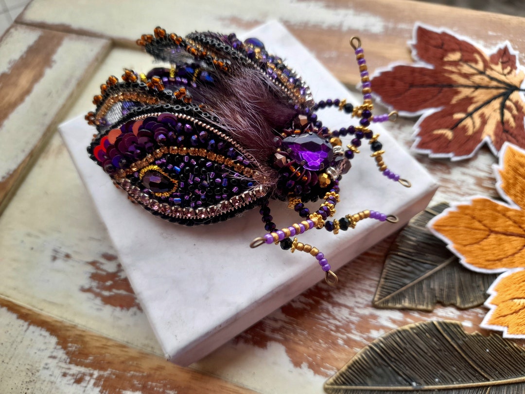 Beaded Beetle Brooch Pin in Purple With Amethyst Crystal, Luxury One of ...