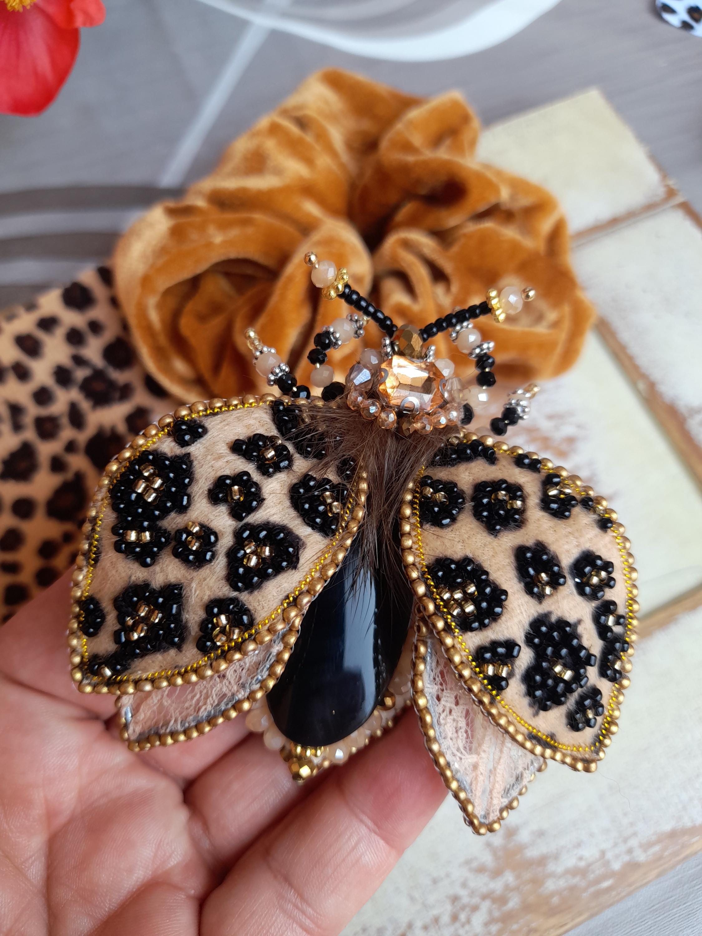 Leopard Print Fabric Moth Butterfly Brooch Pin for Women Jacket, Beaded ...