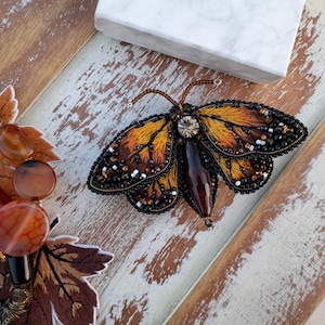 Hand Embroidered Moth Monarch Butterfly Brooch Pin for Woman Jacket ...