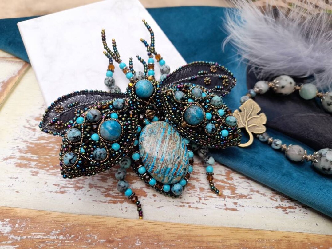 Egyptian Revival Scarab Beetle Brooch Pin, Gemstone Bead Bug Brooch Pin ...
