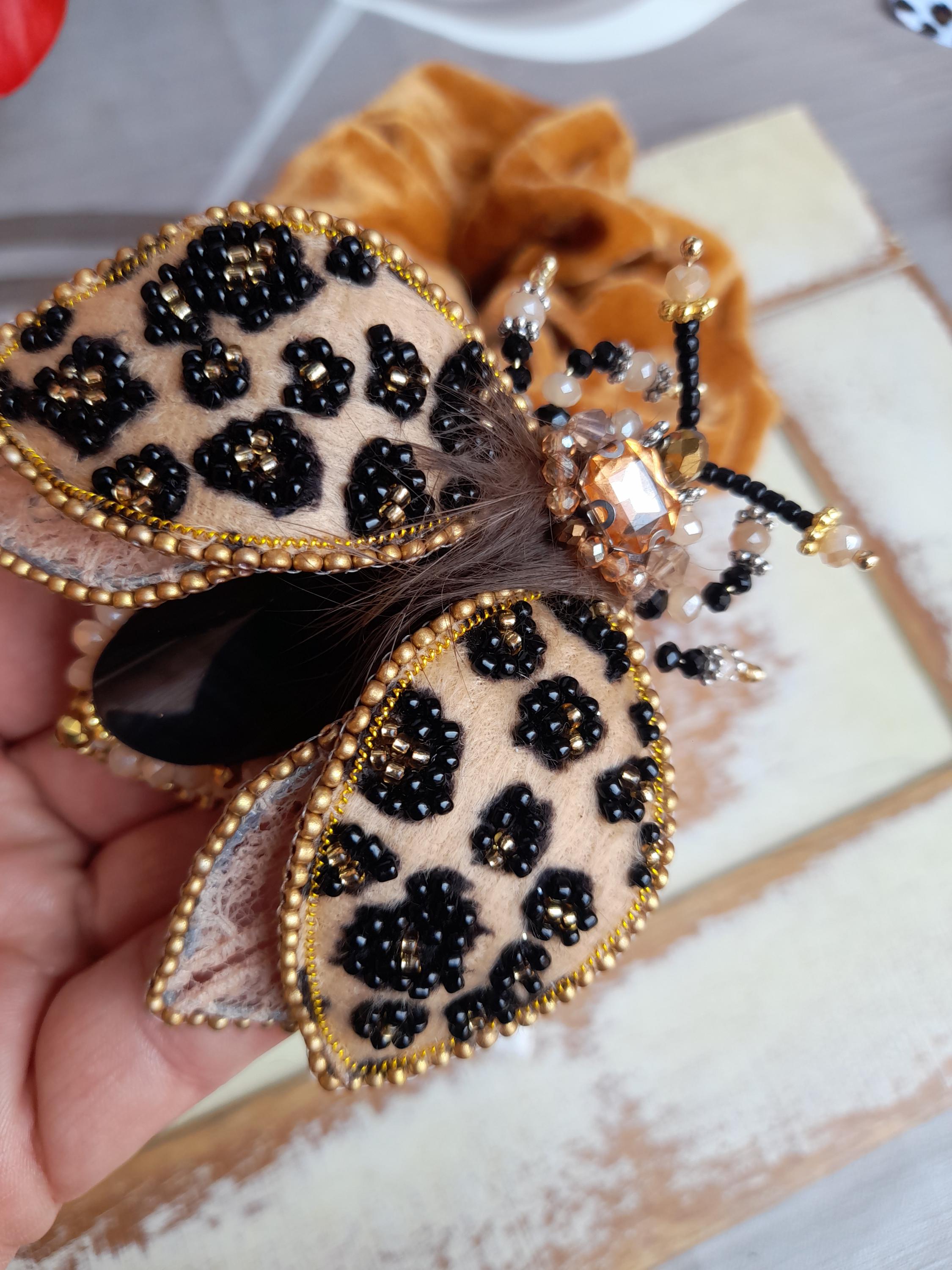 Leopard Print Fabric Moth Butterfly Brooch Pin for Women Jacket, Beaded ...