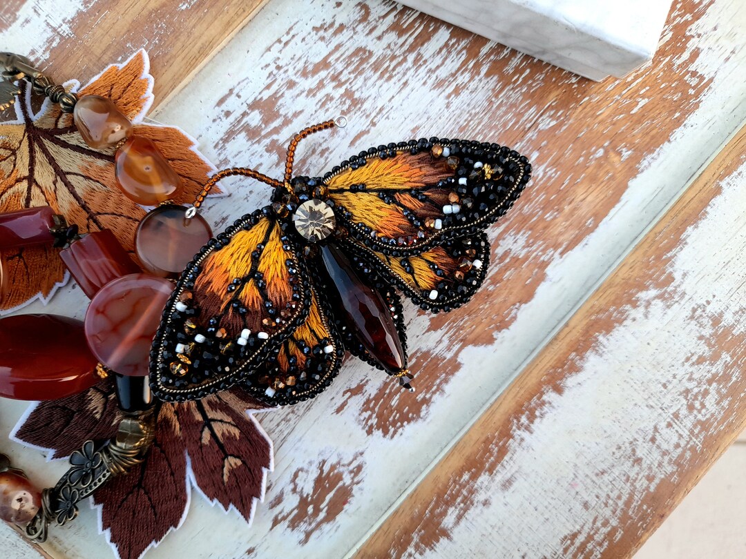 Hand Embroidered Moth Monarch Butterfly Brooch Pin for Woman Jacket ...