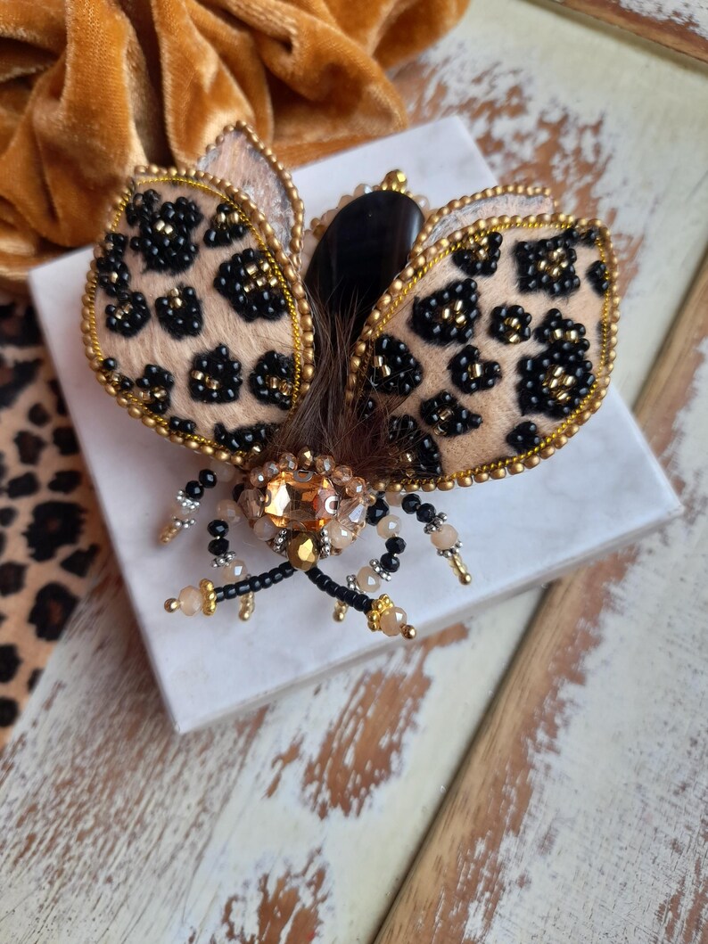 Leopard Print Fabric Moth Butterfly Brooch Pin for Women Jacket, Beaded ...