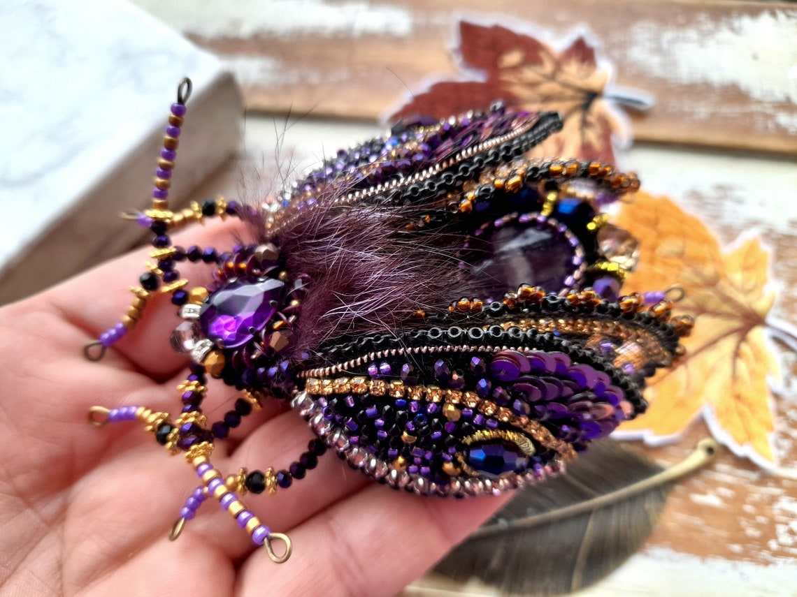 Beaded Beetle Brooch Pin in Purple With Amethyst Crystal, Luxury One of ...