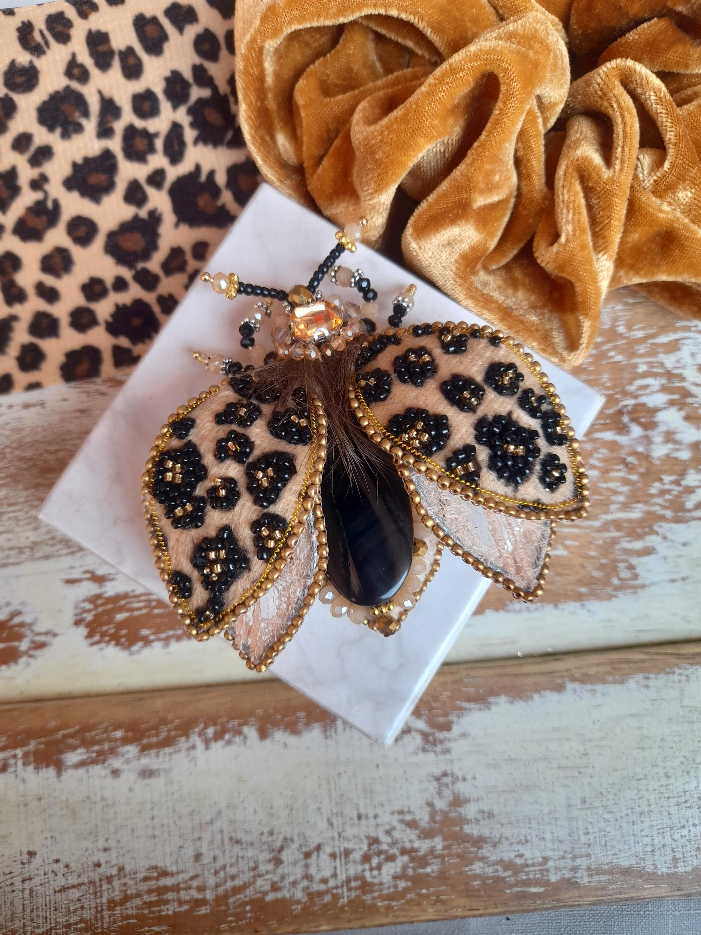 Leopard Print Fabric Moth Butterfly Brooch Pin for Women Jacket, Beaded ...