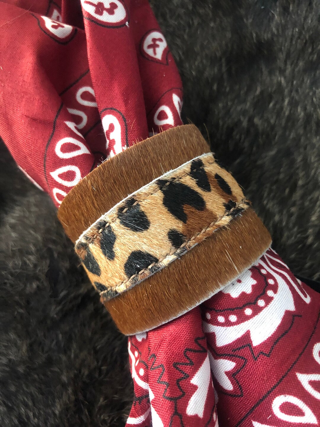 2" Hair on Hide Cuff With Cheetah Center Band, Leather String/bead ...
