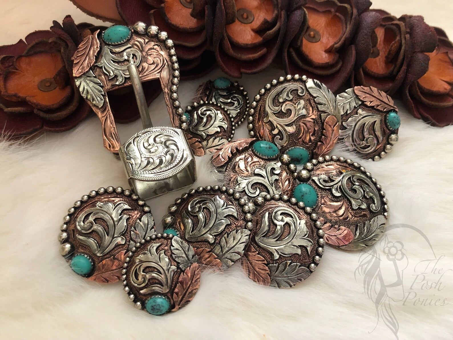 Handmade Turquoise Feather Swirl Chicago Back Conchos and Buckles-3 ...