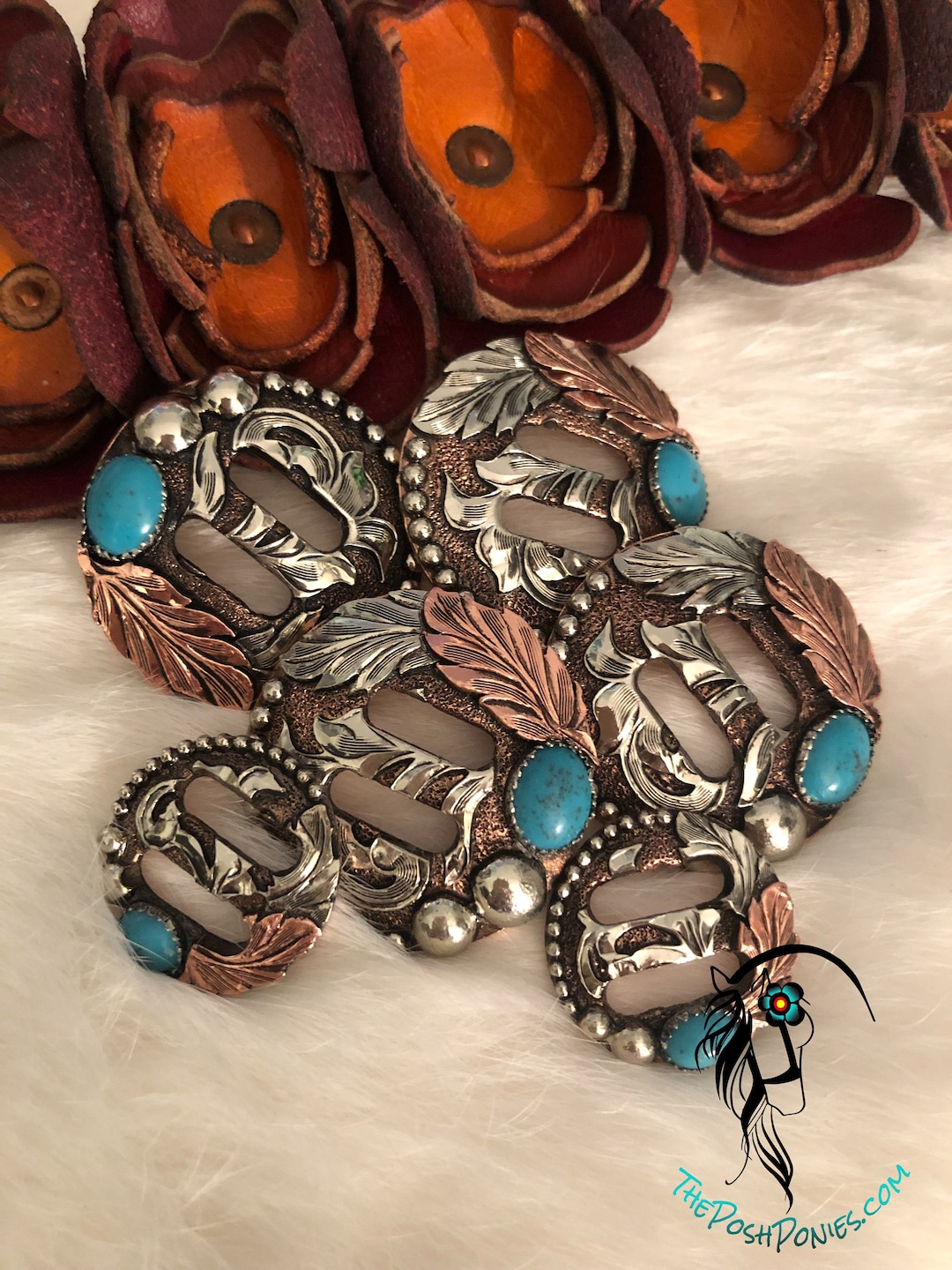 Handmade Slotted Turquoise Feather Swirl Slotted Conchos-3 Sizes ...