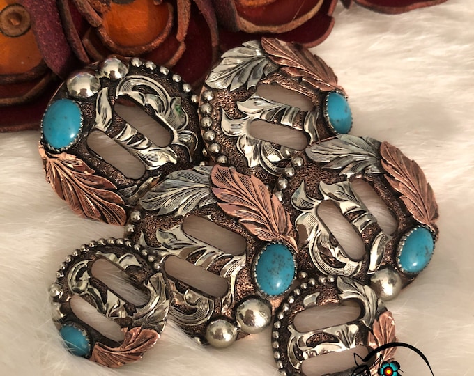 Handmade Slotted Turquoise Feather Swirl Slotted Conchos-3 Sizes ...