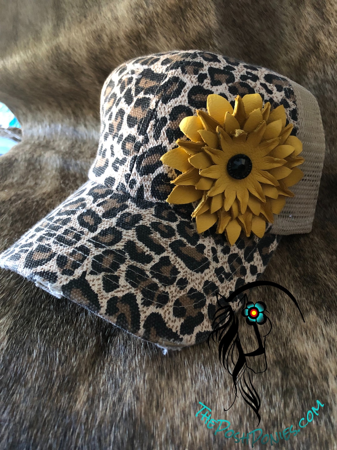 Cheetah Print Pony Tail Baseball Cap With Handmade Leather Sunflower ...
