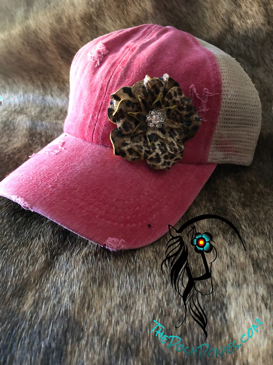 Red Distressed Pony Tail Baseball Cap With Handmade Cheetah Leather ...