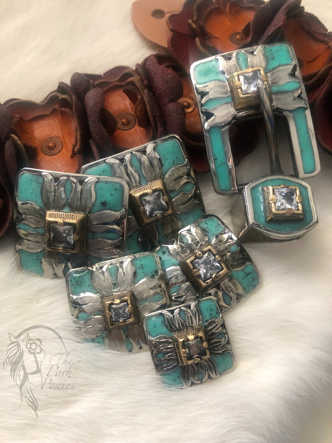 Handmade Square Conchos and Buckles Turquoise With Clear Center Stone ...