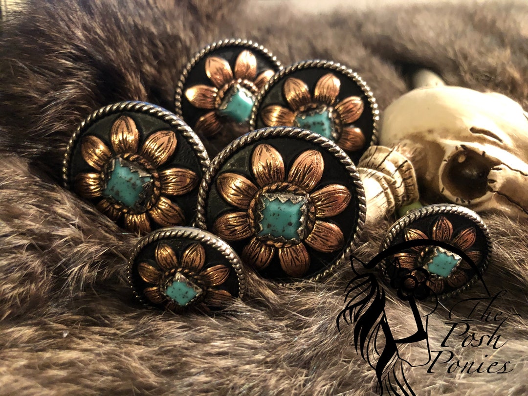 Handmade Copper Daisy W/turquoise Center Stone Saddle Concho Set - Etsy