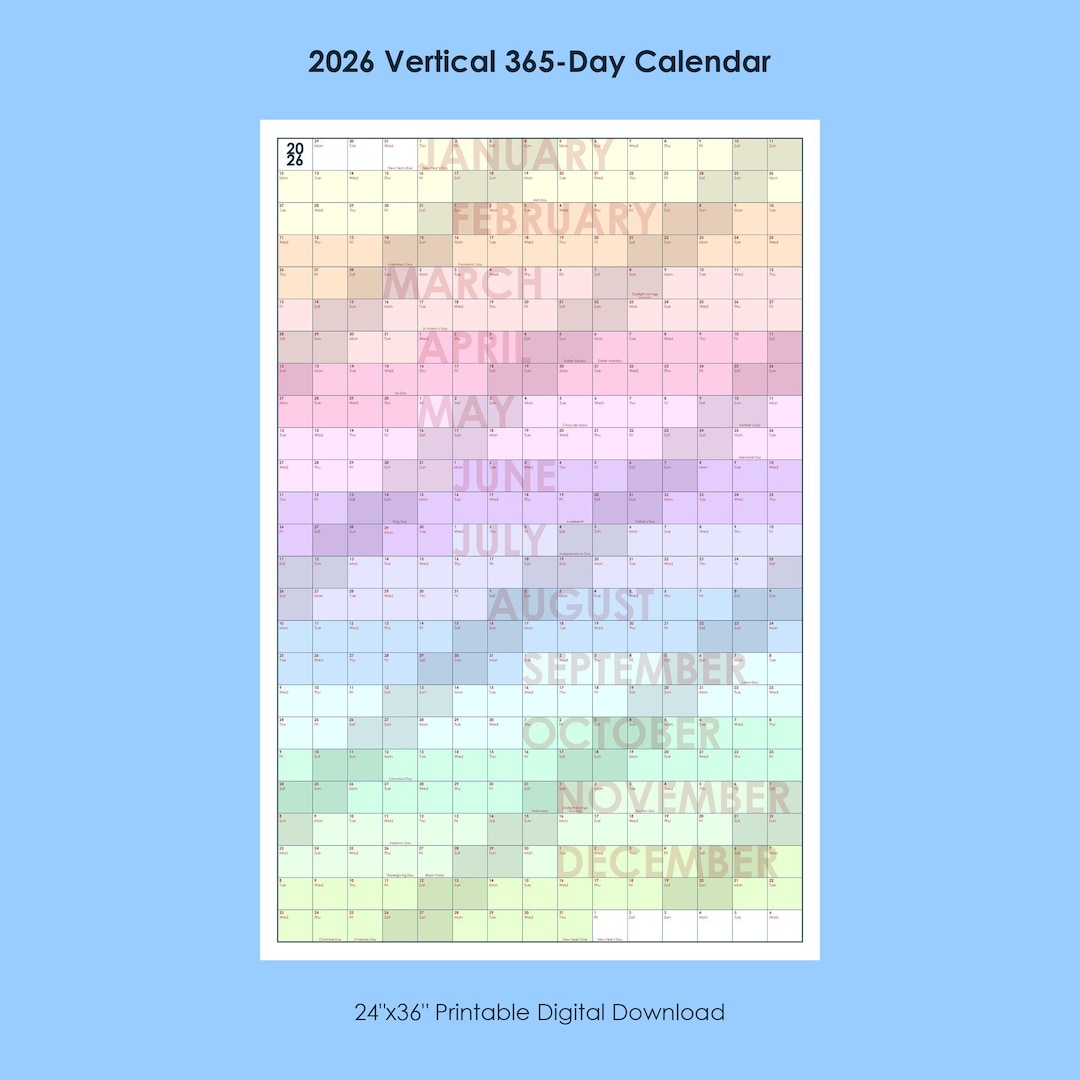 2026 Vertical 365-day Calendar | 24"x36" Printable Digital Download ...