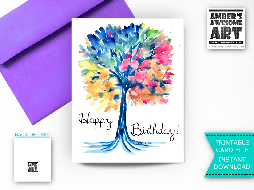 Tree Birthday Card, Printable Birthday Card, Watercolor Birthday Card ...