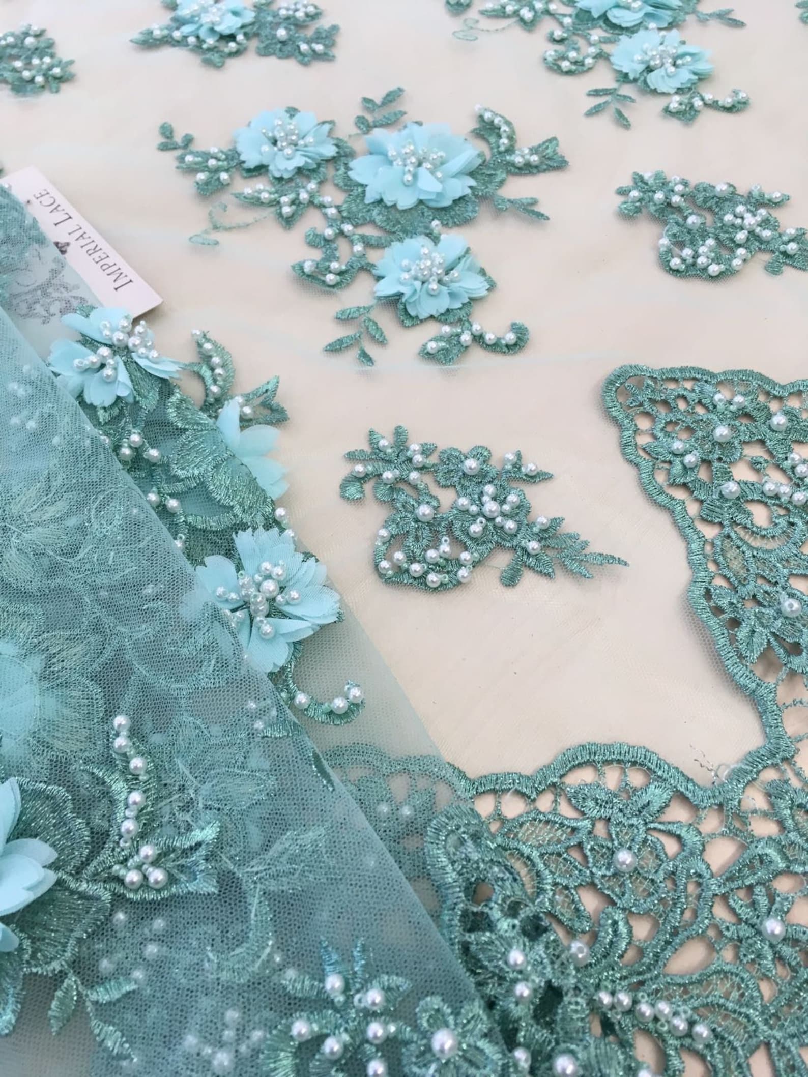 3D Lace Fabric Green Beaded Lace Fabric French Lace Wedding | Etsy