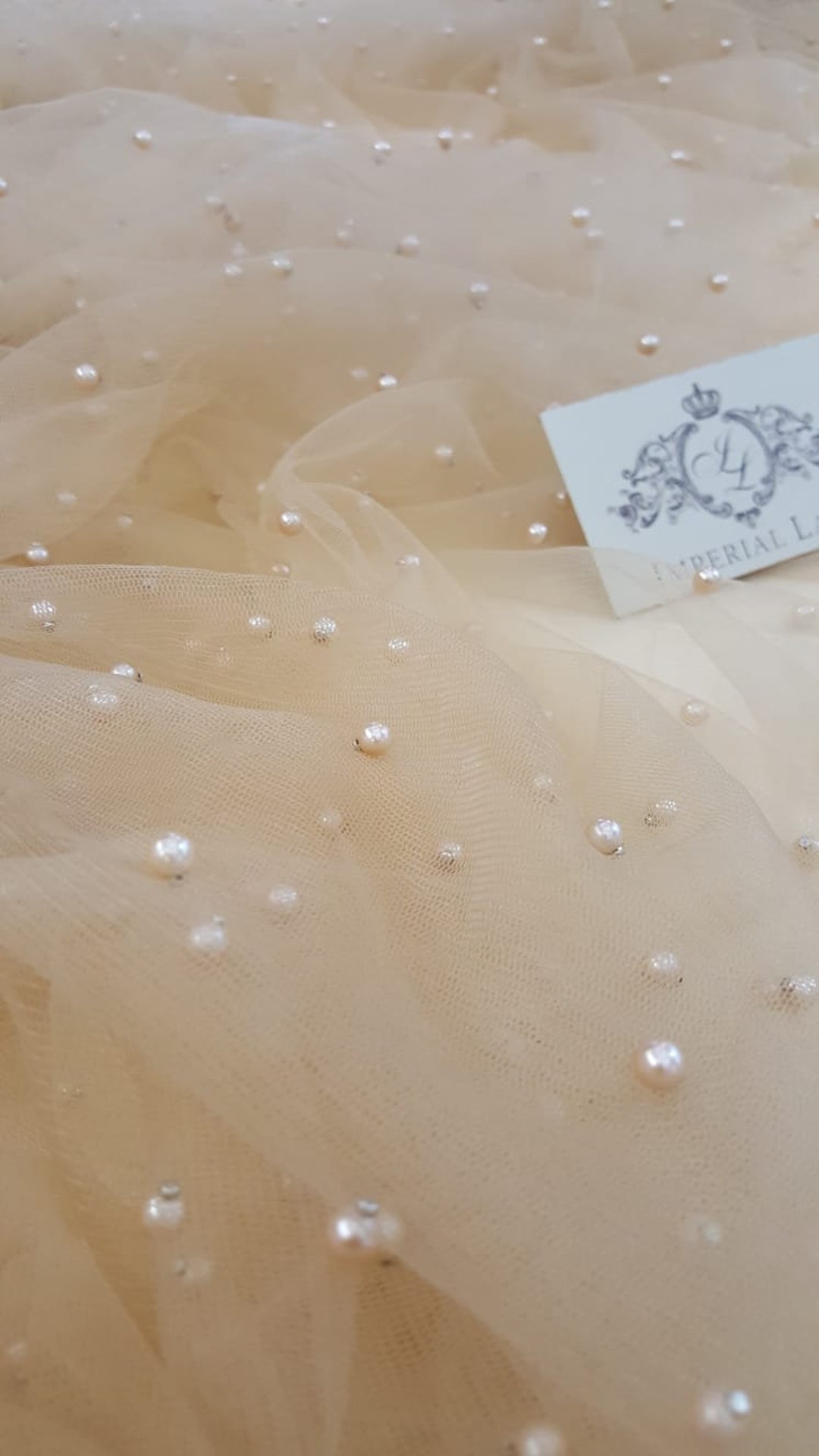 Beige Tulle Fabric With Pearls, Prom Dress Tulle, Beaded Tulle, Tulle ...