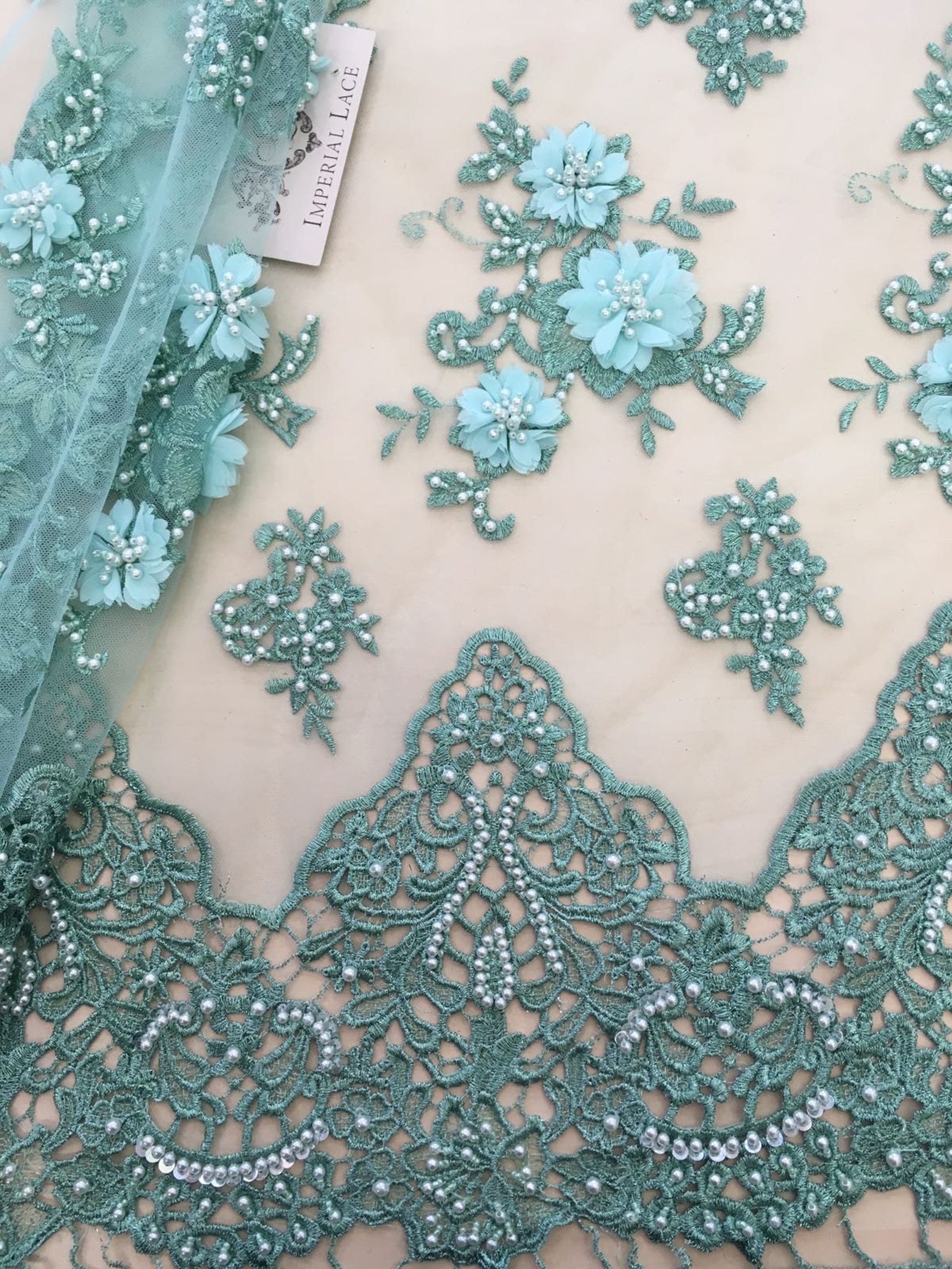 3D Lace Fabric Green Beaded Lace Fabric French Lace Wedding | Etsy