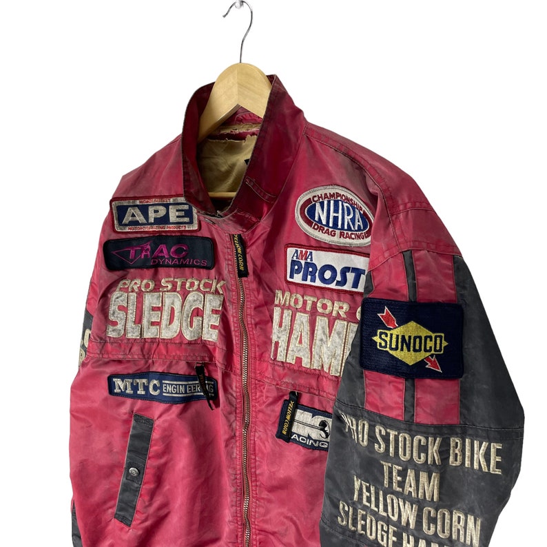 Vintage 90s Yellow Corn NHRA Bikers Sledge Hammer Racing Team Jacket ...