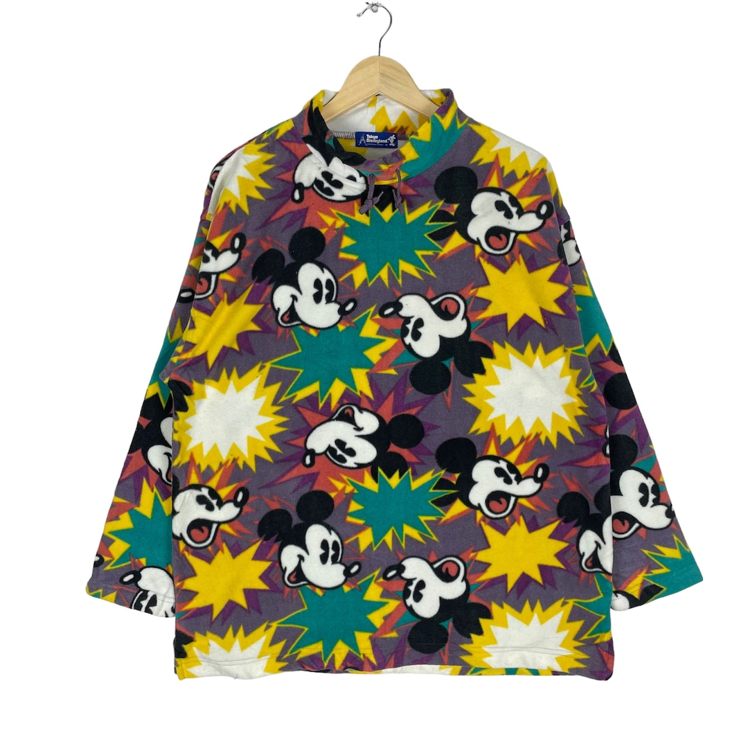 Vintage 90 Mickey Mouse Fleece Sweatshirt Over Print Walt Tokyo Disney ...