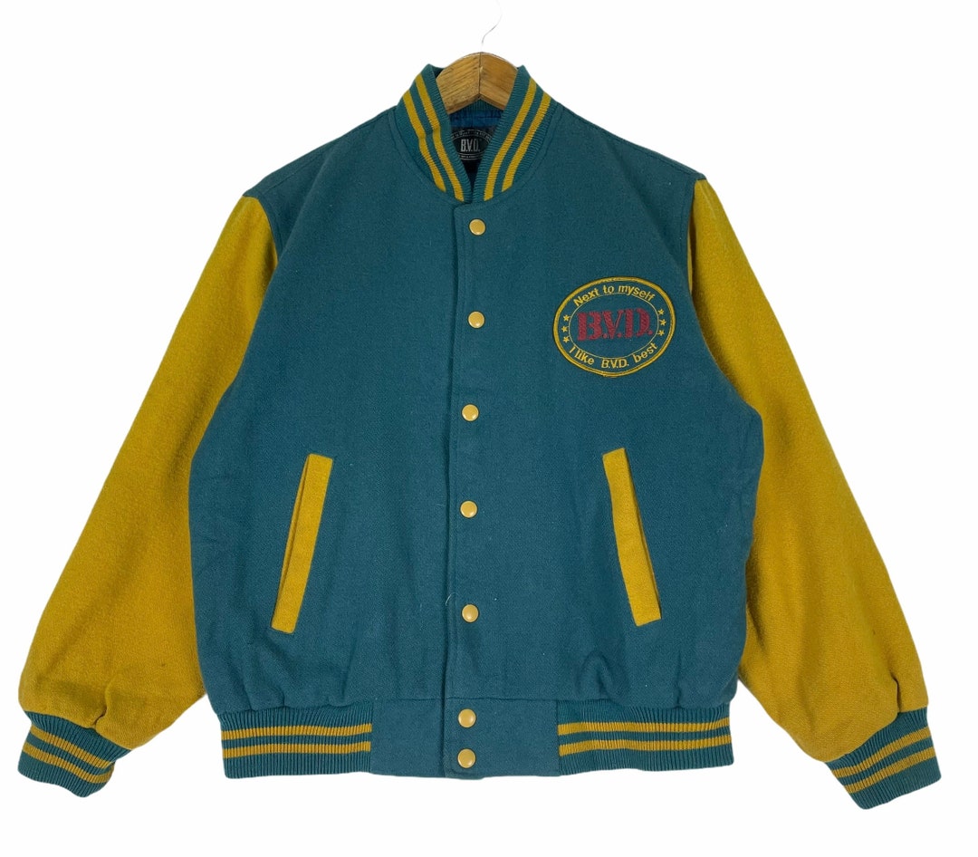 Vintage 90s B.V.D Varsity Wool Bomber Jacket Green Colour BVD Size ...