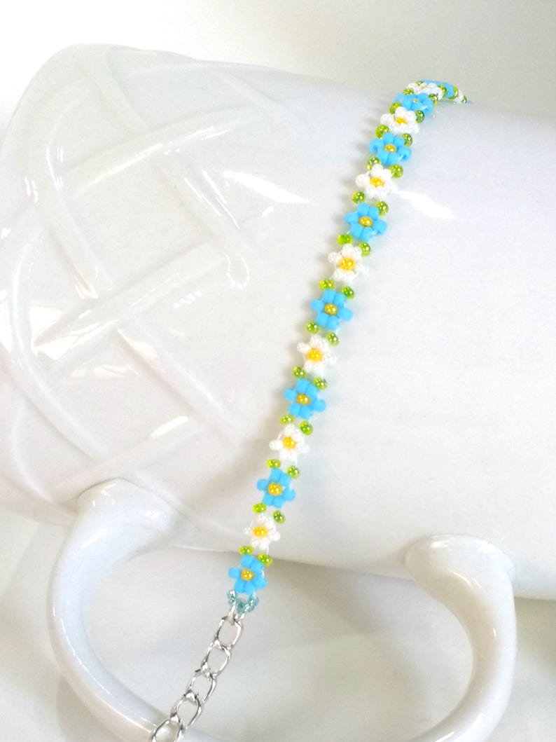 Blue Daisy Choker Necklace Seed Bead Flower Choker Floral Etsy