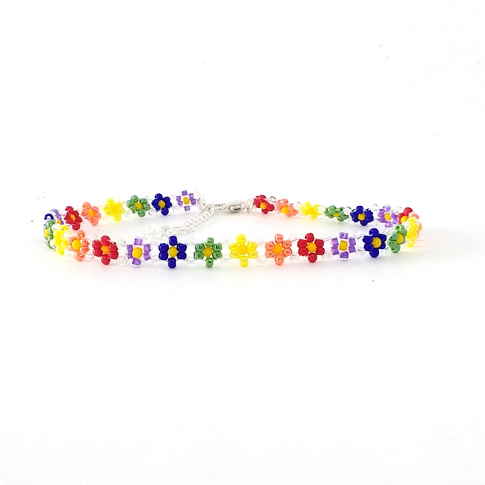 Rainbow Daisy Chain Bracelet Seed Bead Flower Jewelry T Etsy