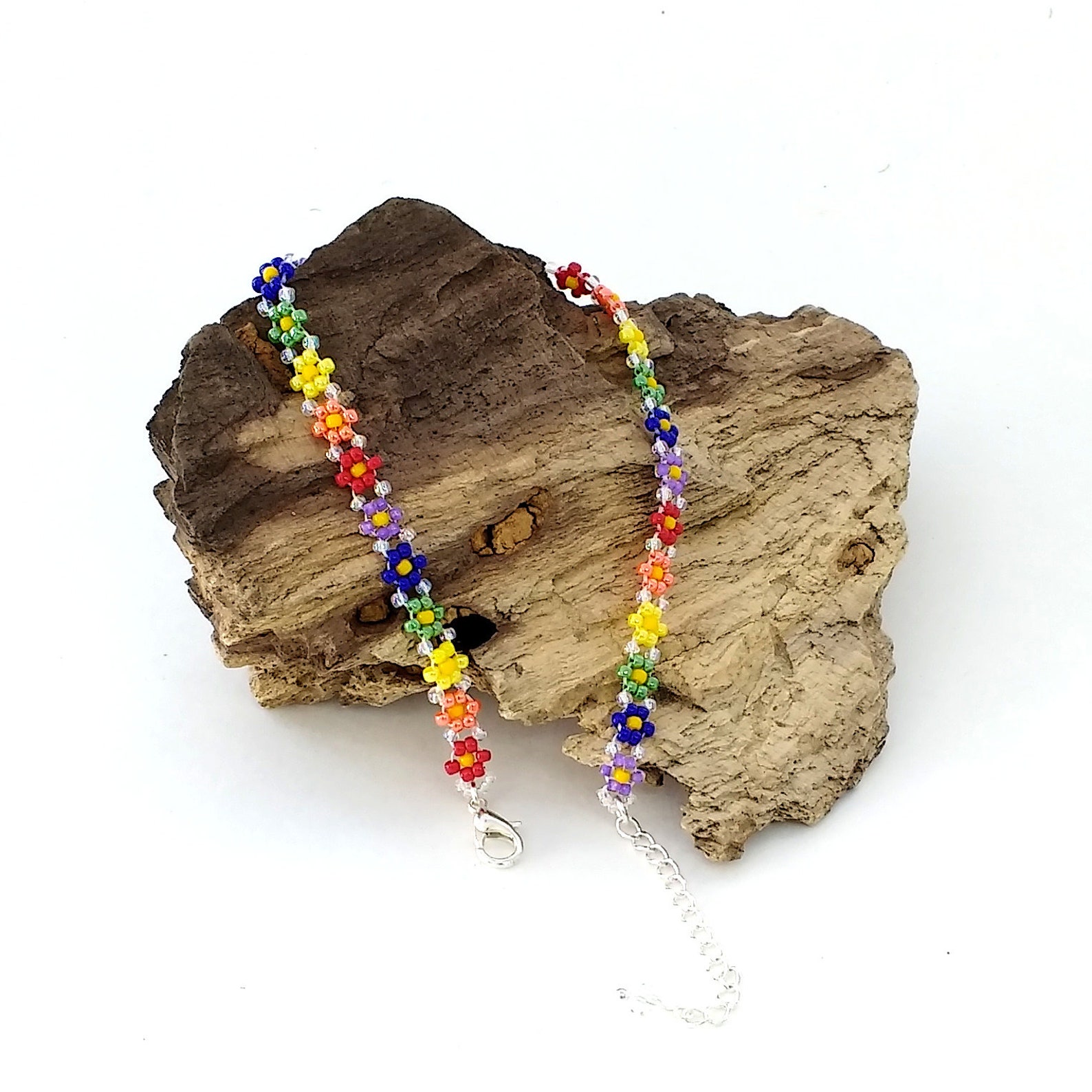 Rainbow Daisy Chain Bracelet Seed Bead Flower Jewelry T Etsy