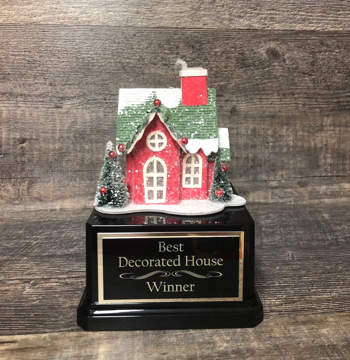 Best Decorated House Trophy Best Holiday Lights Bottle Brush Trees ...