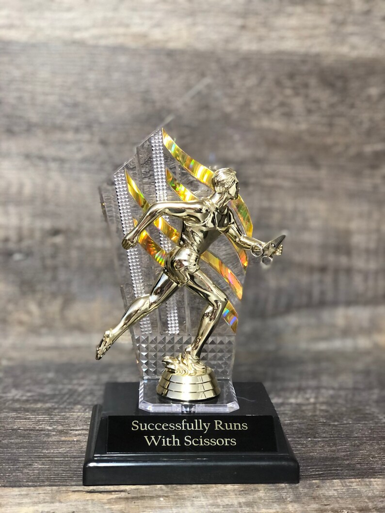 Successfully Runs With Scissors Funny Trophy Gag Gift Runner Jogger ...